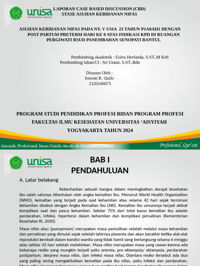 Laporan Case Based Discussion (CBD) Stase Asuhan Kebidanan Nifas | PDF