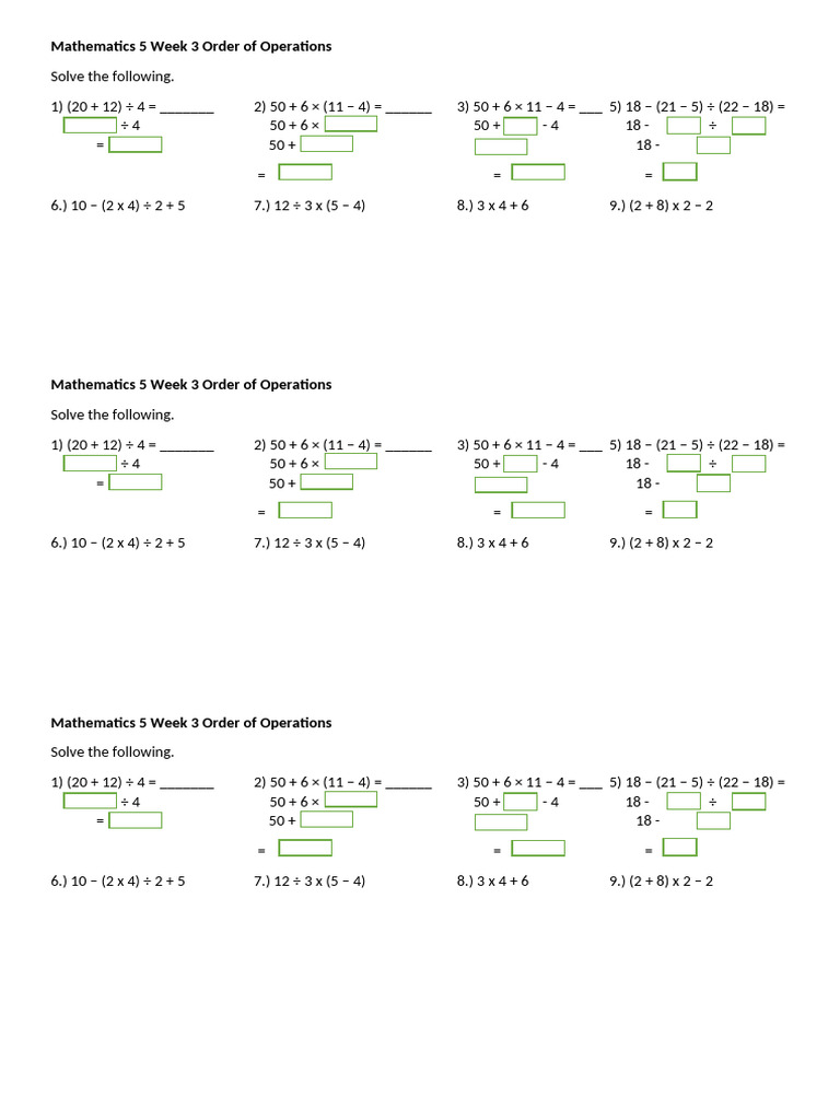 Math 5 Week 3 Order of Operation Worksheet | PDF | Mathematics