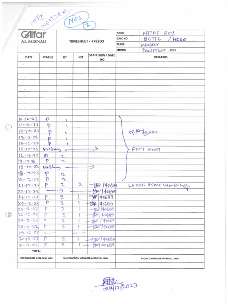 Time Sheet - 1 Decemeber 2023 | PDF