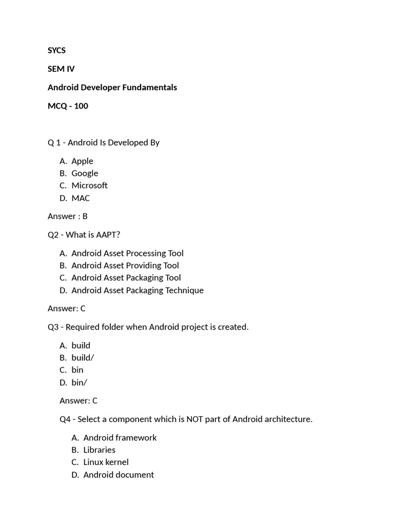 SYCS Sem4 ANDROID MCQ | PDF
