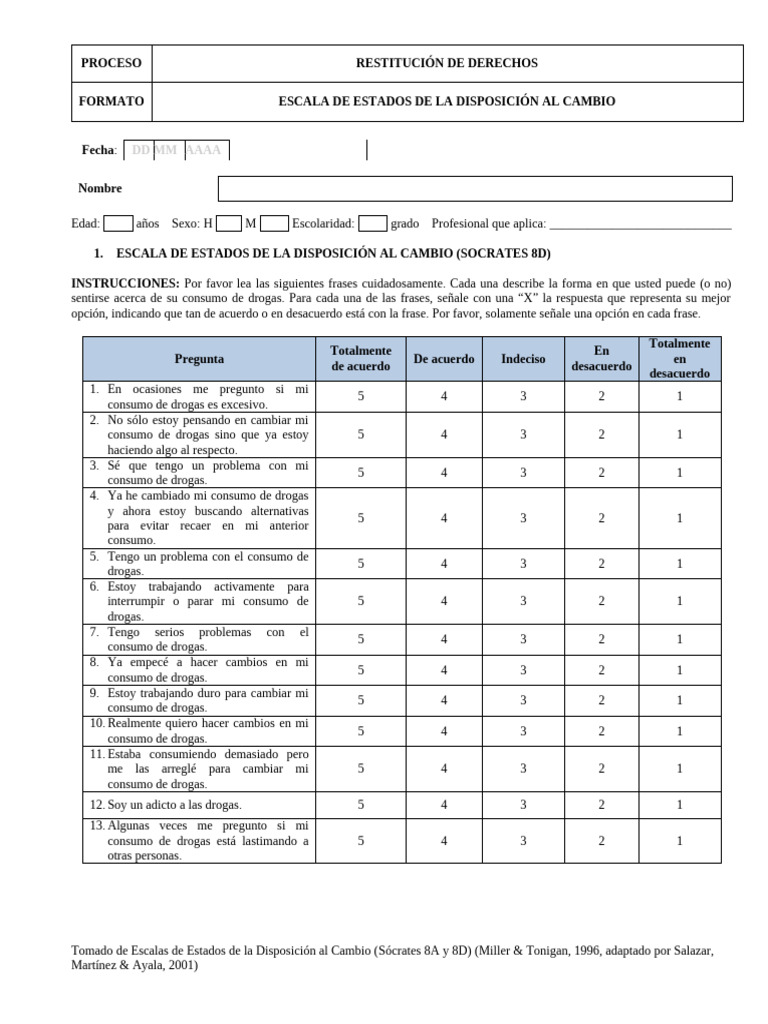 Escala de La Disposicion Al Cambio - Socrates | PDF