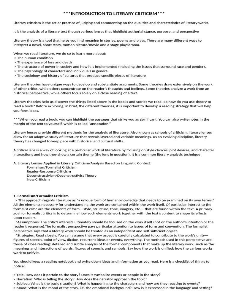 INTRODUCTION TO LITERARY CRITICISM Handout | PDF | Archetype ...