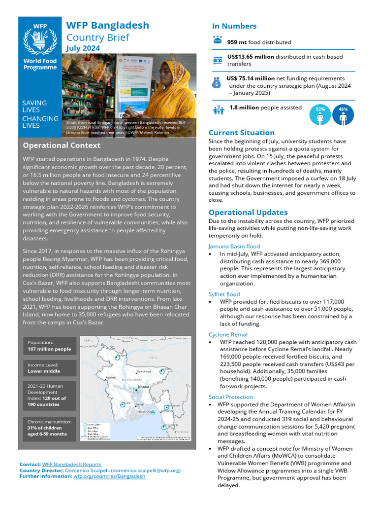WFP Bangladesh Country Brief, July 2024-1 | PDF | World Food Programme ...