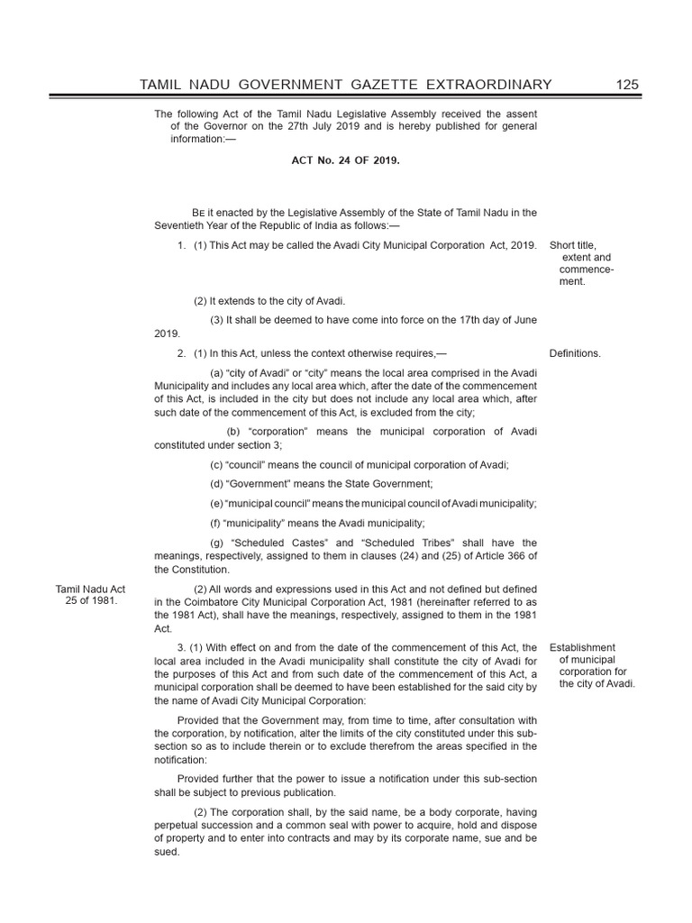 1 The Avadi City Municipal Corporation Act 2019 | PDF