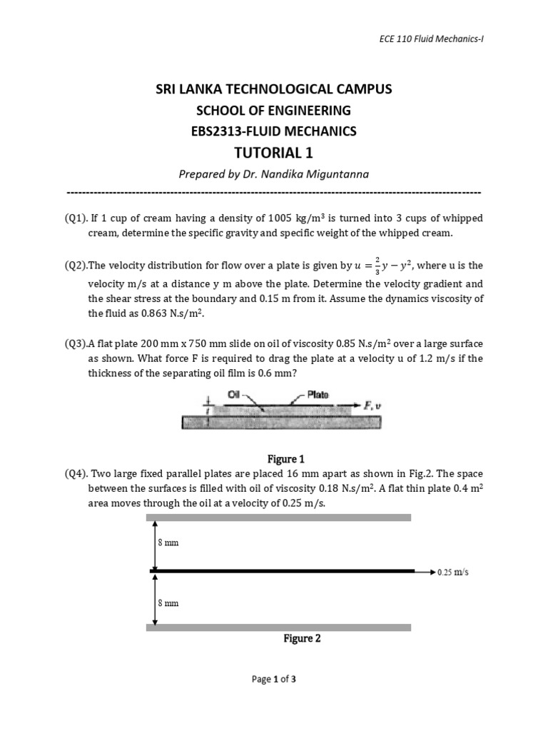 5 - EBS2313-Fluid Mechanics - Tutorial 1 | PDF | Viscosity | Technology & Engineering