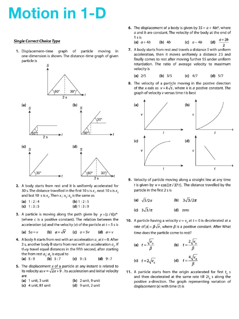 Motion in 1-D (Practice Questions) | PDF
