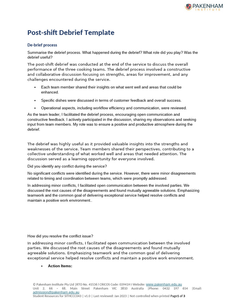 SITHCCC043 Debrief Template 2 | PDF