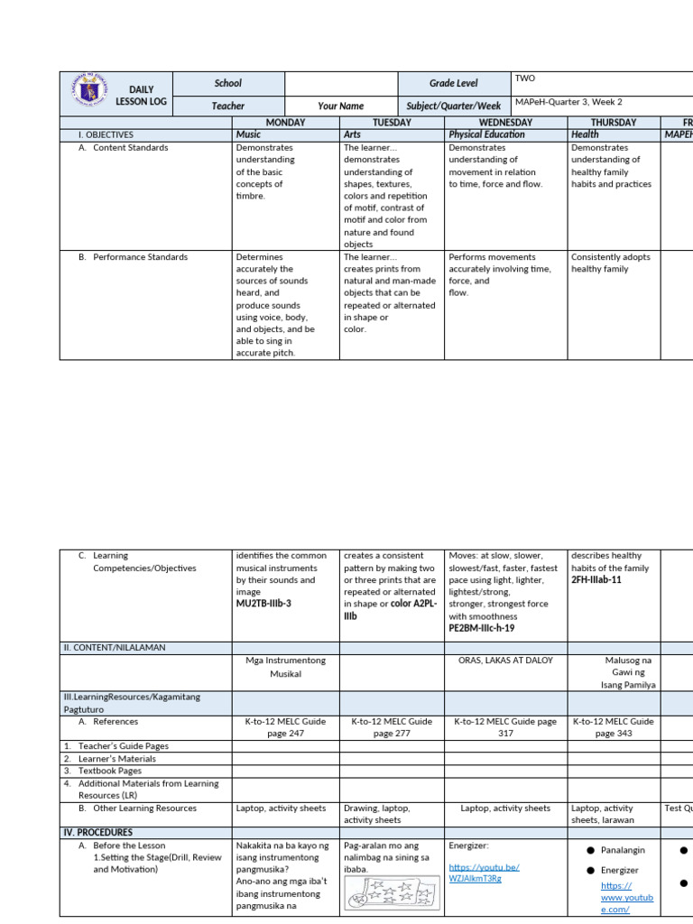DLL MAPeH-2 Q3W2 | PDF