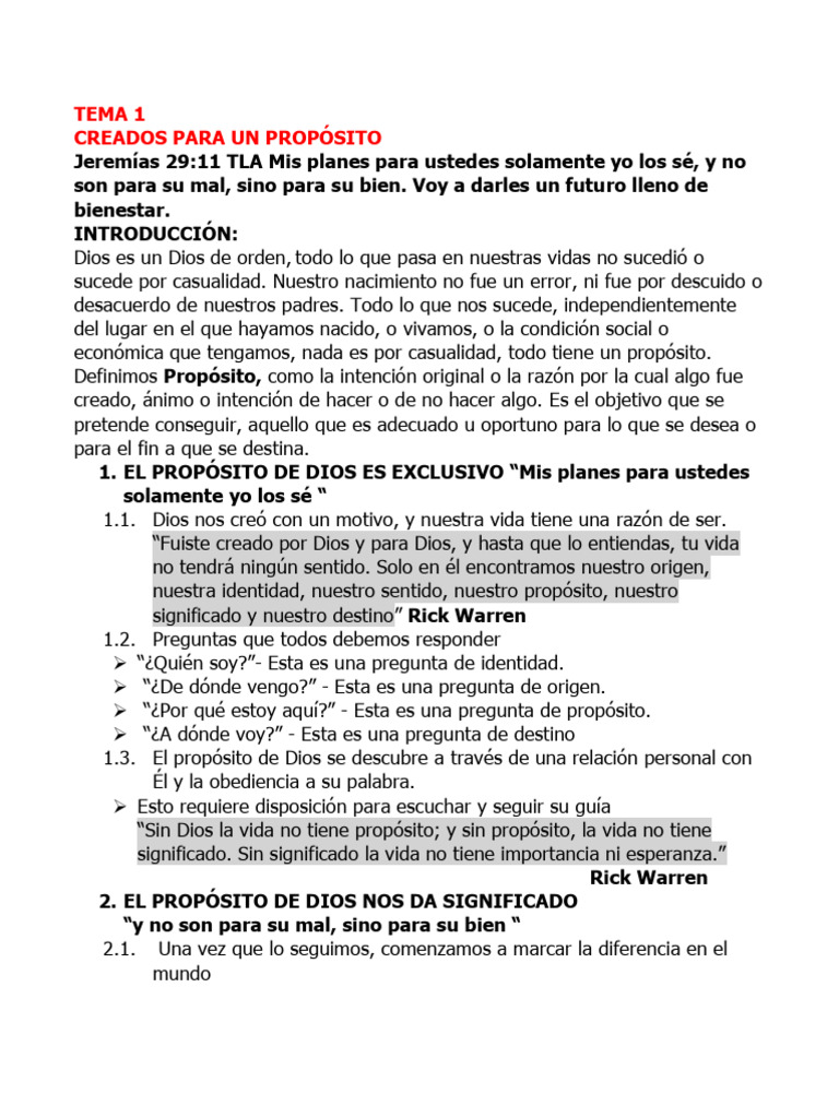 Creados para Un Propósito - Tema 1 | PDF
