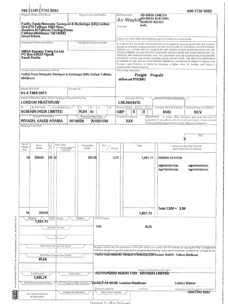 Plextek AWB and Packing List | PDF