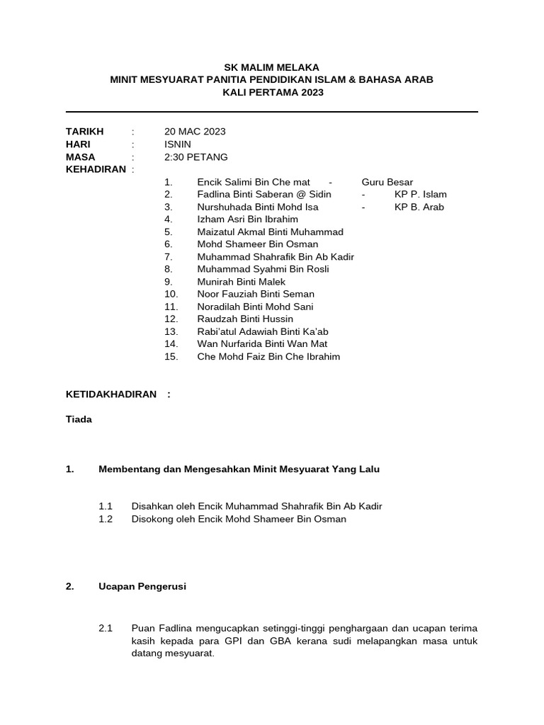 Minit Mesyuarat Panitia Bahasa Arab Kali 1 2023 | PDF