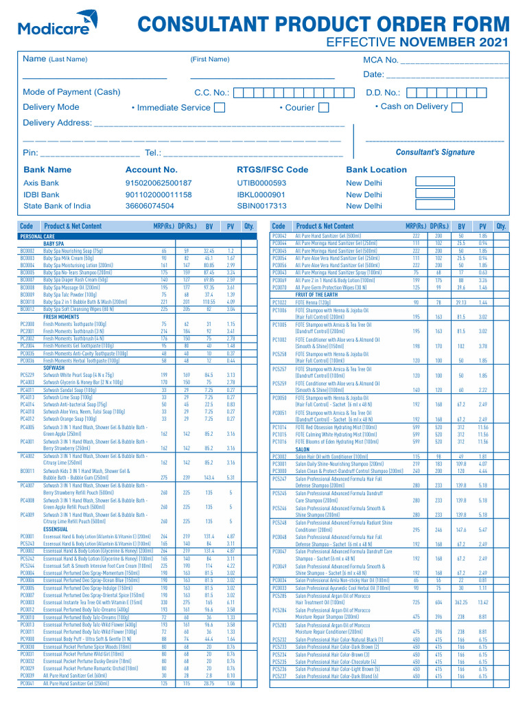 Consultant Product Order Form | PDF | Shampoo | Detergent
