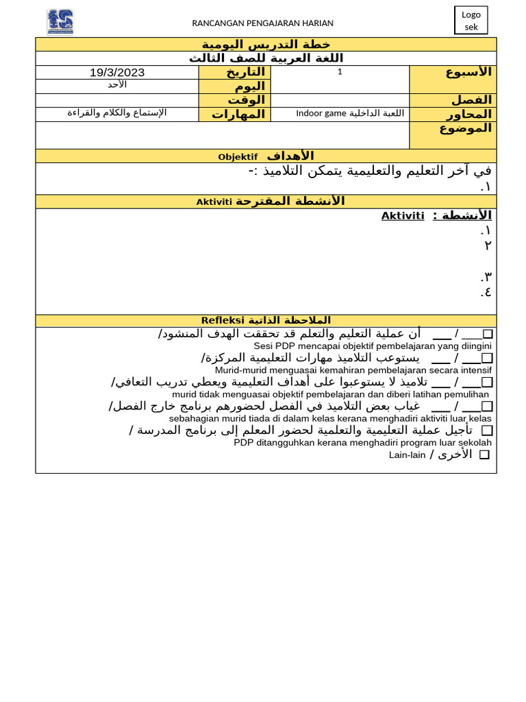 RPH Model Pengoperasian Minggu Pertama Persekolahan 2023 THN 3 | PDF