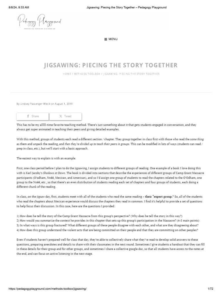 Jigsawing Reading - Piecing The Story Together - Pedagogy Playground | PDF