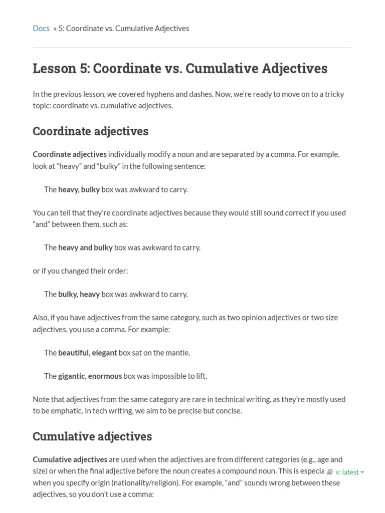 Coordinate vs. Cumulative Adjectives - Writing Fundamentals Guide | PDF