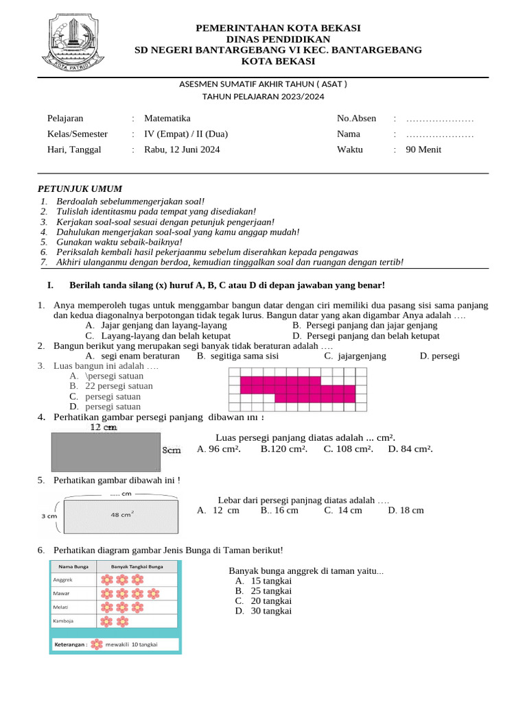 Contoh ASAT MATEMATIKA KELAS IV SEMESTER II 2024 | PDF