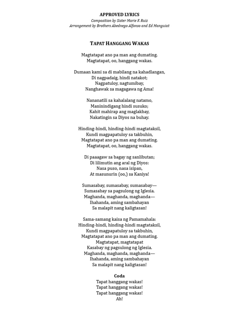 Tapat Hanggang Wakas (Lyrics) | PDF