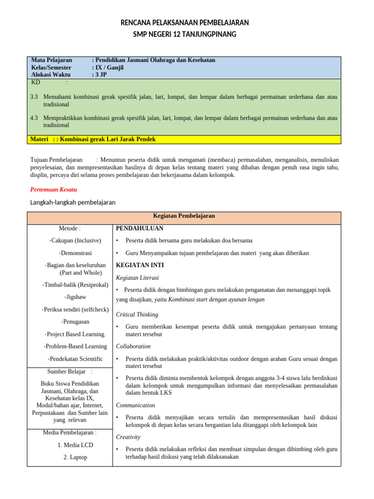 NEW - PJOK 9. RPP 3. Lari Jarak Pendek - 1 | PDF