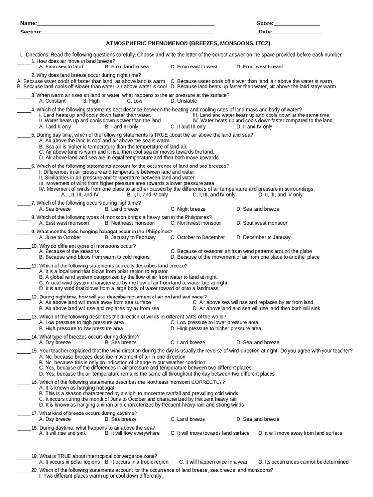 Atmospheric Phenomenon Quiz | PDF