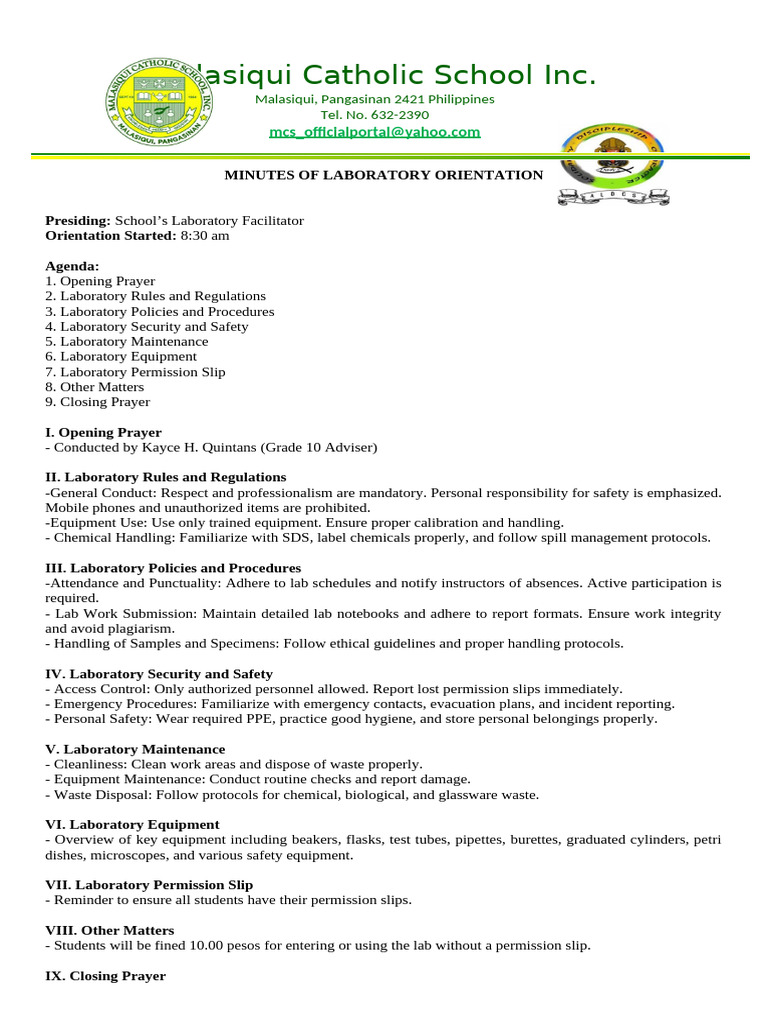 Laboratory Orientation Minutes Summary | PDF | Laboratories | Wellness