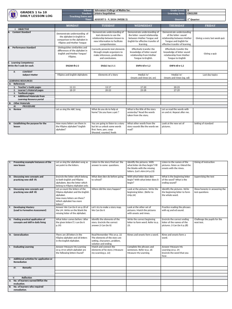 DLL - English 2 - Q1 - W2 | PDF