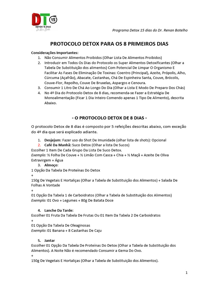 Cópia de PROTOCOLO DETOX PARA OS 8 PRIMEIROS DIAS - DT15 | PDF