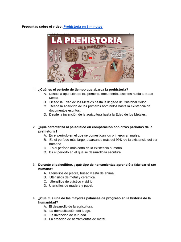 Preguntas Sobre El Video - Prehistoria en 6 Minutos | PDF