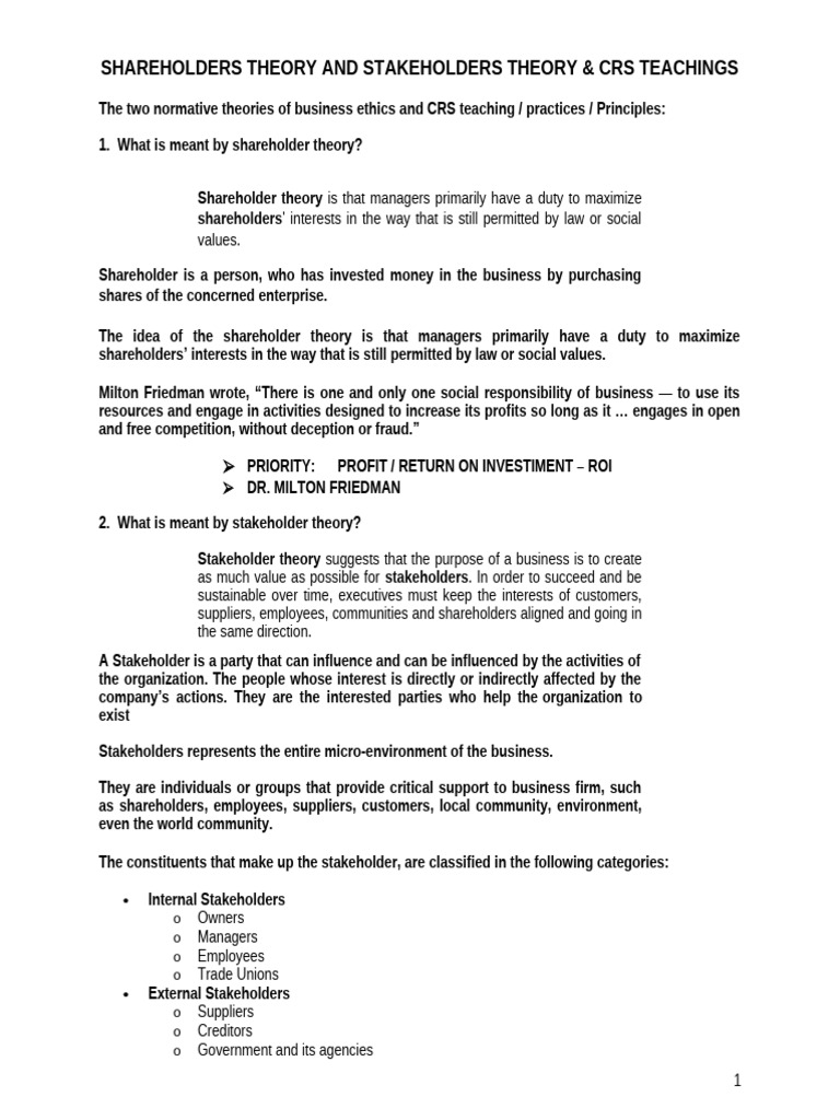 Shareholders Theory and Stakeholders Theory | PDF
