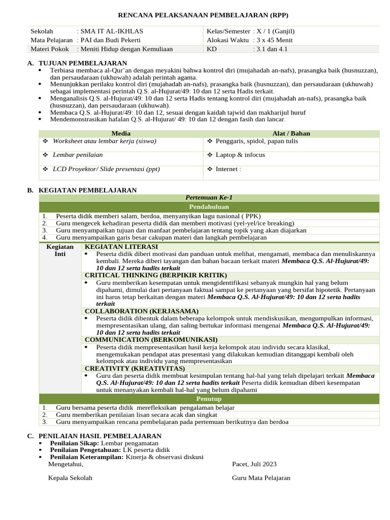 RPP PAI Kelas 10 SEM 1 | PDF