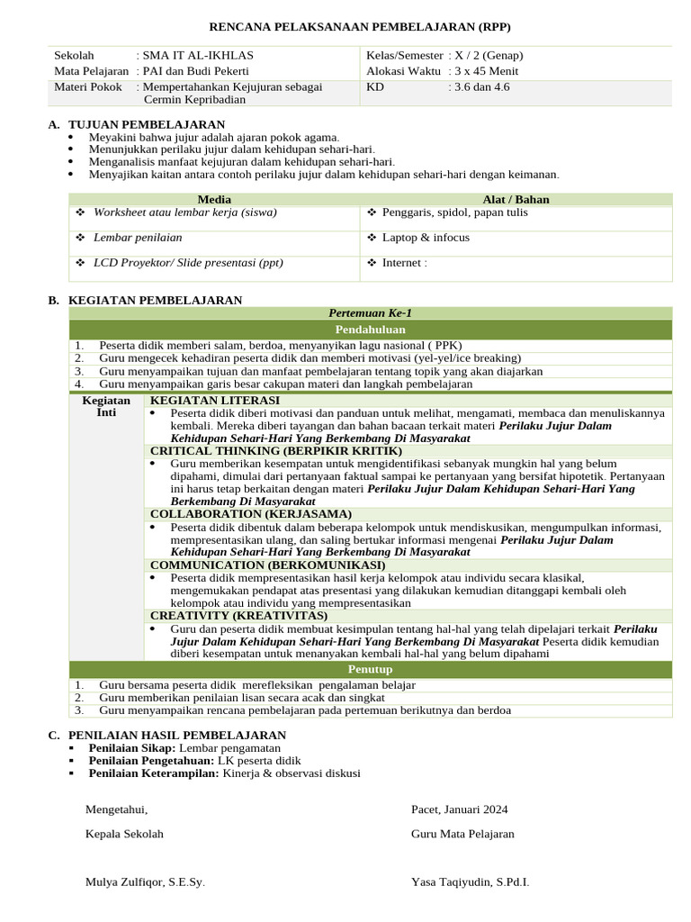 RPP PAI Kelas 10 SEM 2 | PDF
