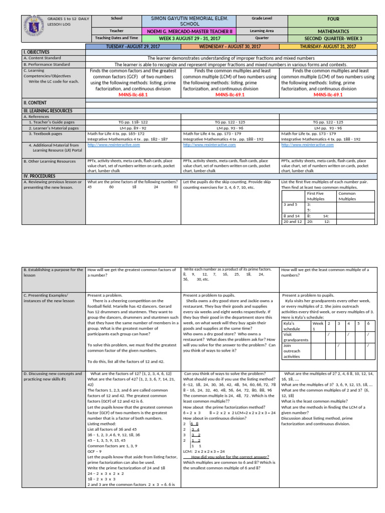 DLL in Mathematics 4 Week 3 Quarter 2 The K To 12 Way (Tues-Thurs) | PDF