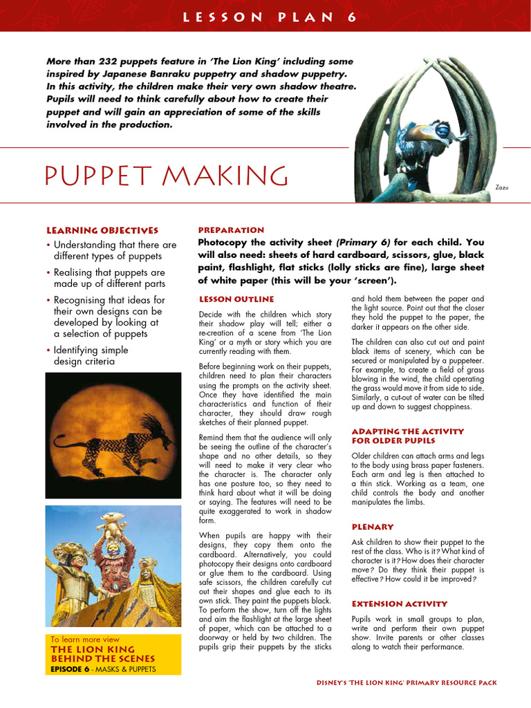 TheLionKing Primary Lesson Plan 6 Puppet Making | PDF