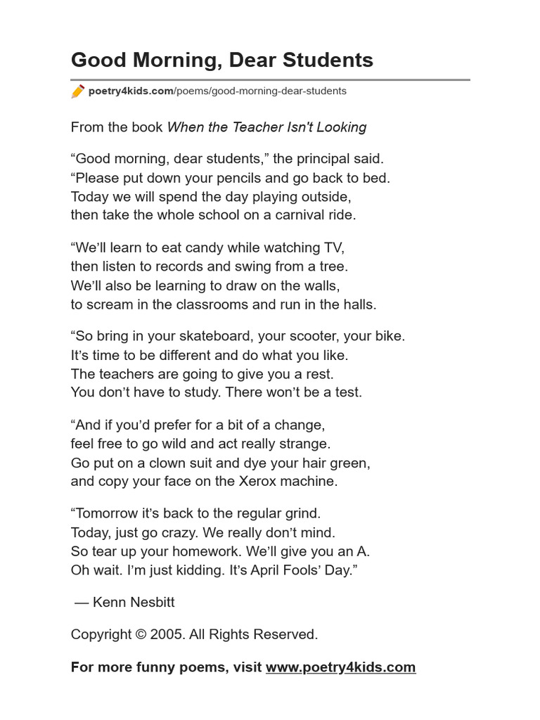 Good Morning, Dear Students - Kenn Nesbitt's Poetry4kids - Com Grade 5 | PDF