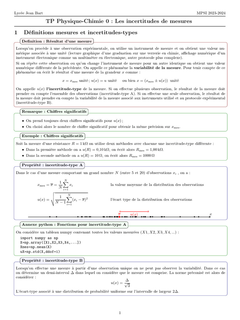 TP Physique-Chimie 0: Les Incertitudes de Mesures 1 Définitions Mesures Et Incertitudes-Types | PDF