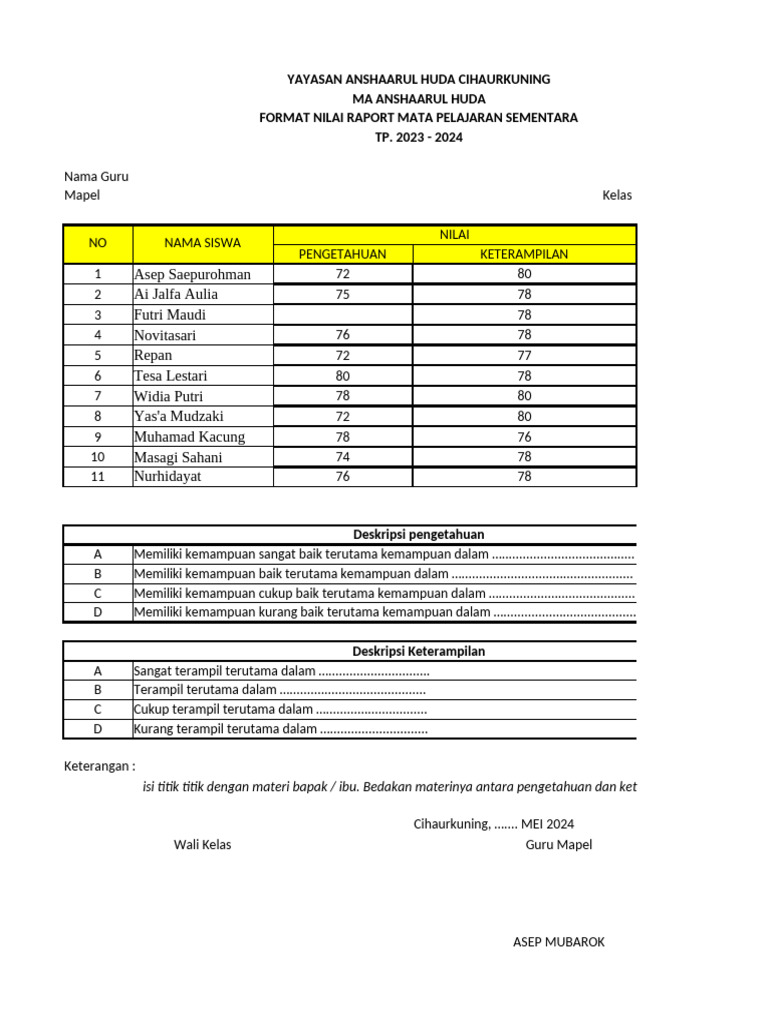 Format Nilai KELAS XI | PDF