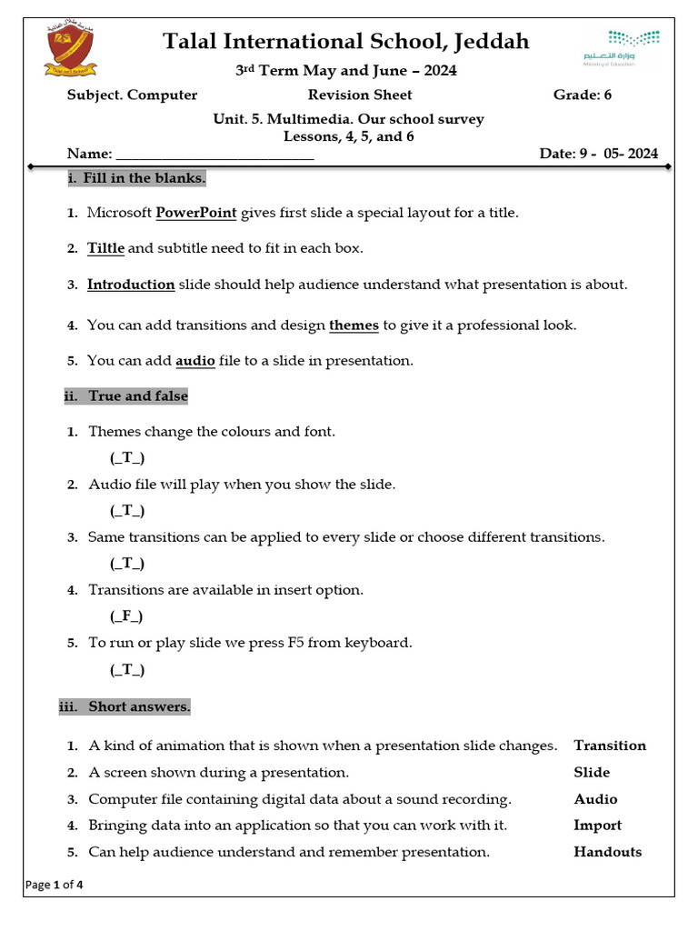 3rd Term June 2024 Computer Grade. 6. Revison Sheet. Answer Key | PDF