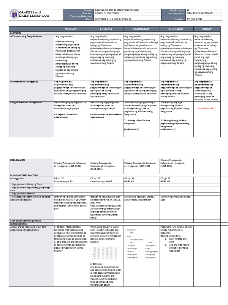 DLL - Araling Panlipunan 6 - Q1 - W7 | PDF