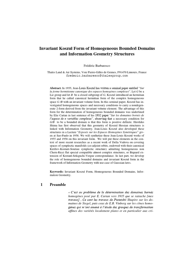 Invariant Koszul Form of Homogeneous Bounded Domains and Information Geometry Structures | PDF