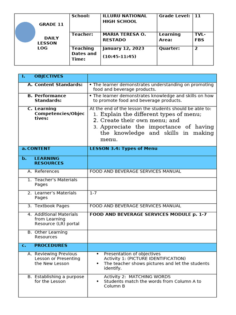 Cot2 - FBS - Types of Menu | PDF
