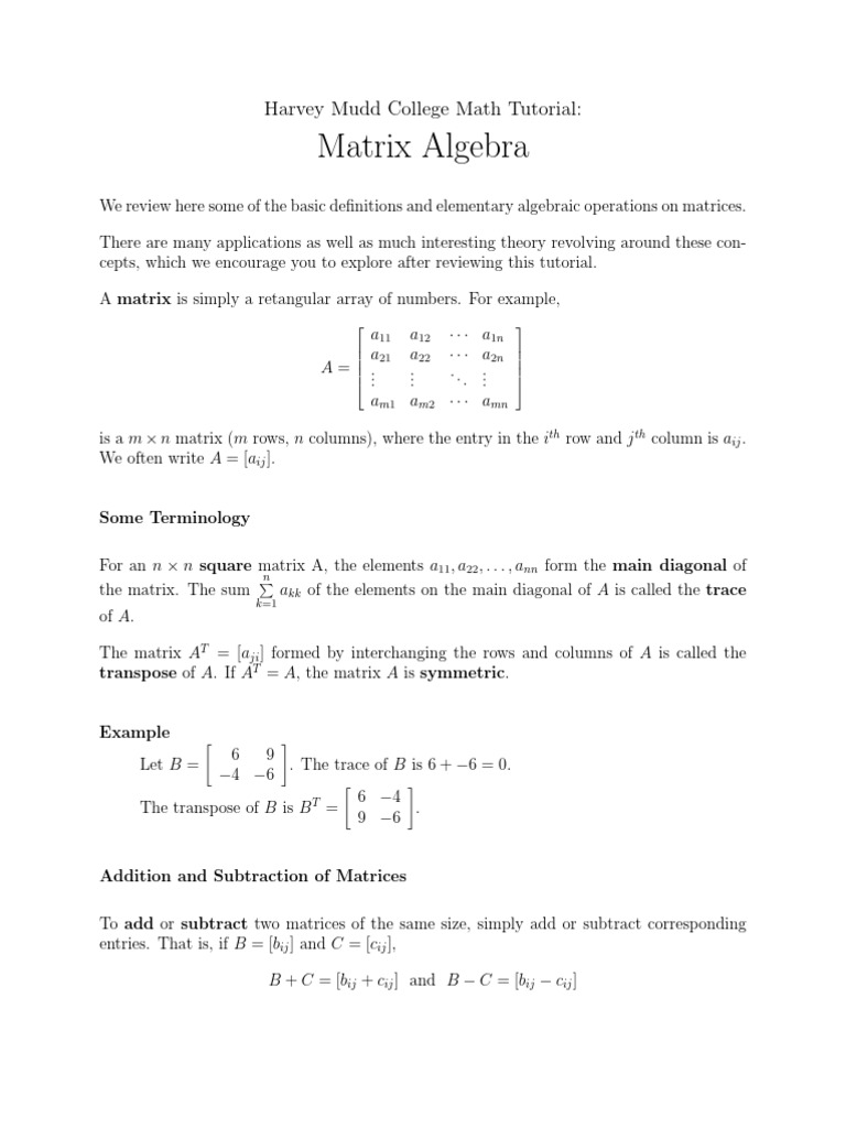 Matrix Algebra: Harvey Mudd College Math Tutorial | Download Free PDF | Determinant | Matrix ...