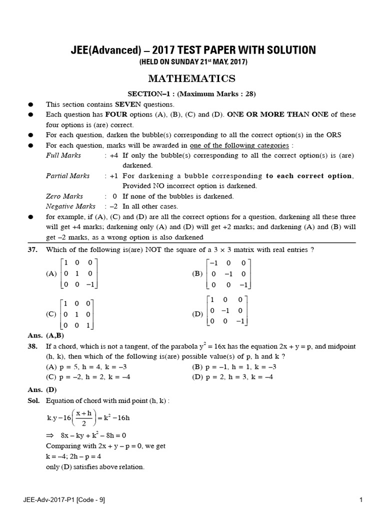 Jee (Advanced) - 2017 Test Paper With Solution: Mathematics | PDF