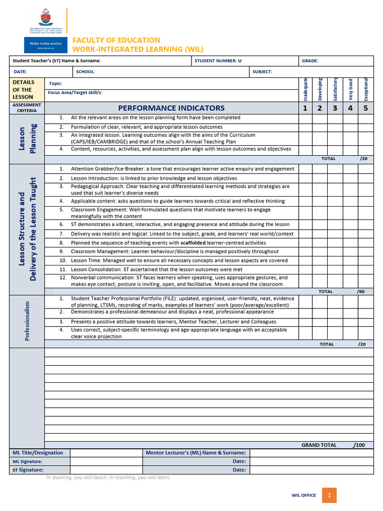 WIL - ML - Lesson Assessment Rubric - Personal Mentoring | PDF ...
