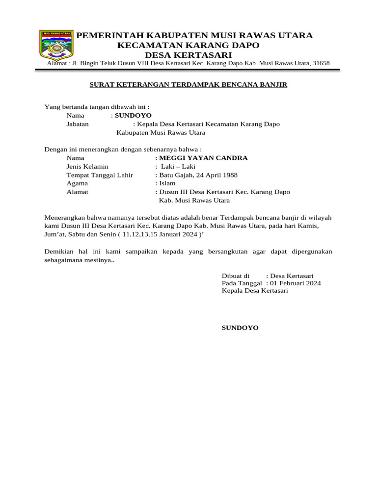 Surat Keterangan Terdampak Banjir | PDF