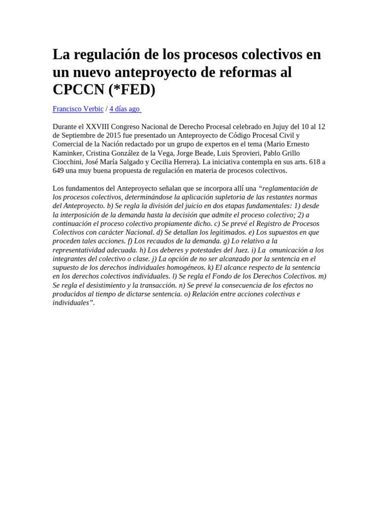 Regulacion De Los Procesos Colectivos En Un Nuevo Anteproyecto De