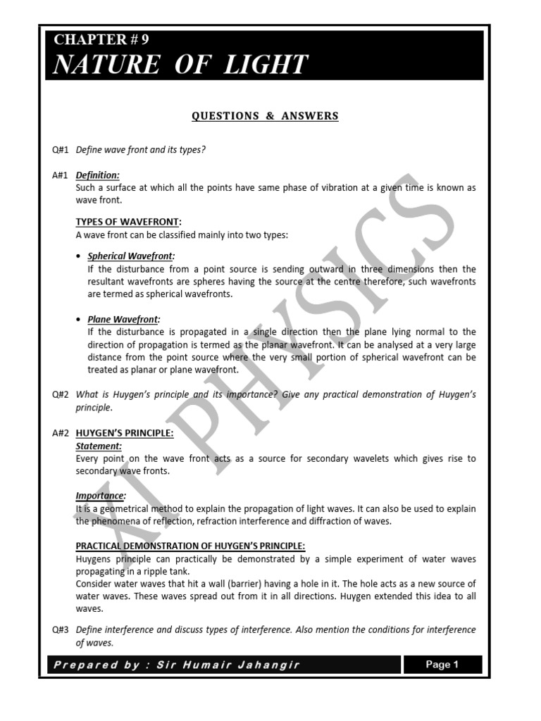 CHAPTER 9 Nature of Light Karachi Board Physcis Notes | PDF