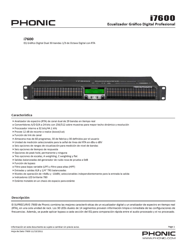 Phonic I7600 Graphic EQ Manual | PDF