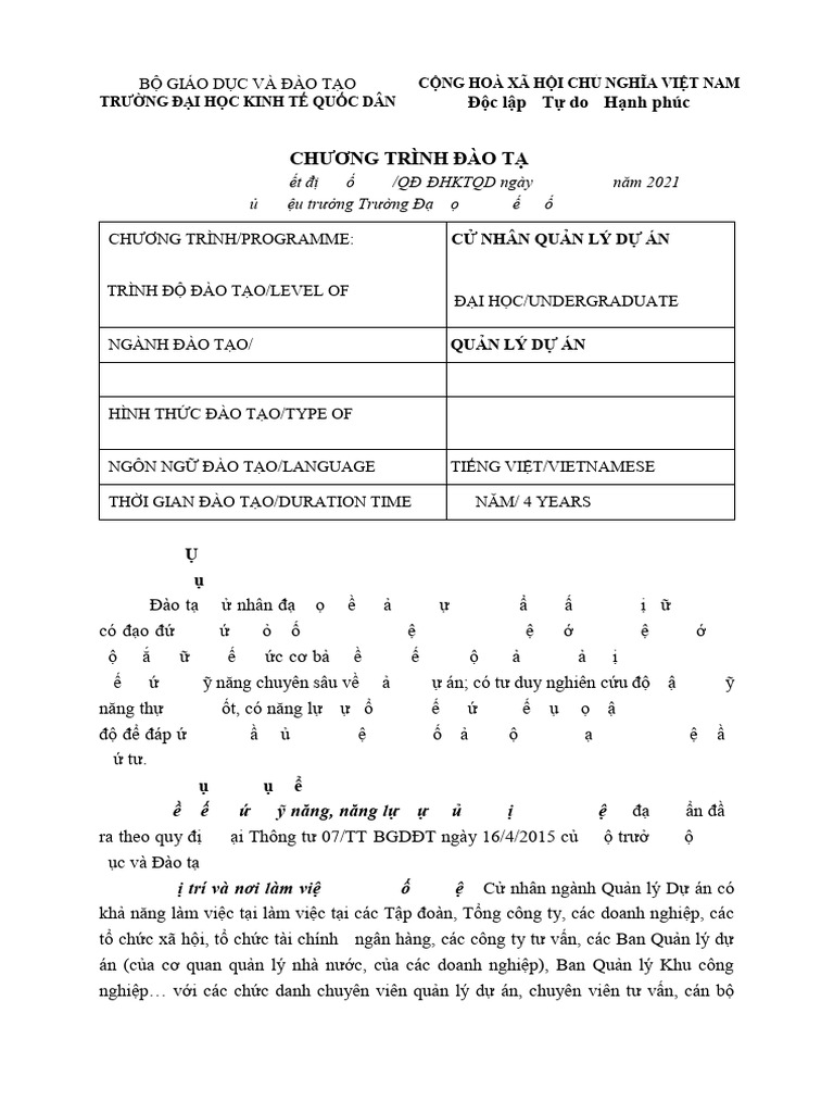 Ngành Quản Lý Dự Án - CTĐT K63 - 2021 | PDF