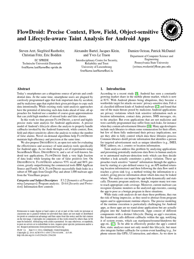 FlowDroid: Advanced Taint Analysis for Android | PDF | Android ...