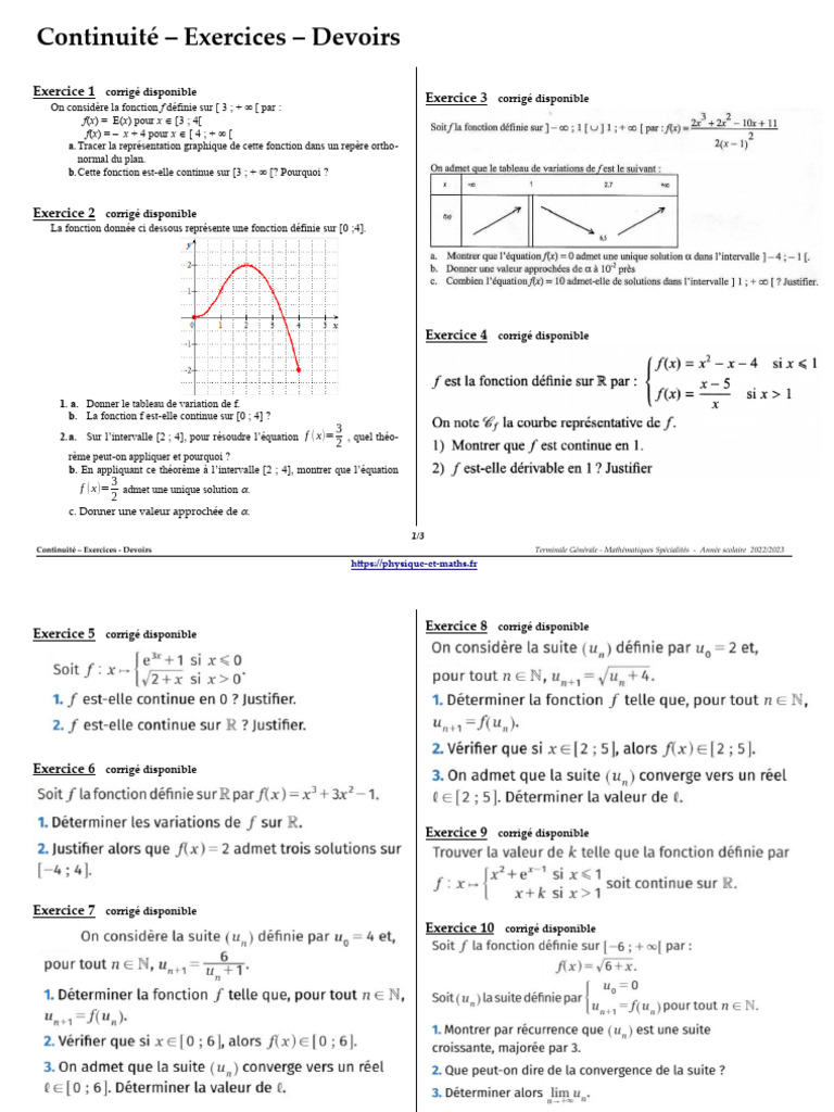 Terminale Générale - Continuité - Exercices - Devoirs | PDF