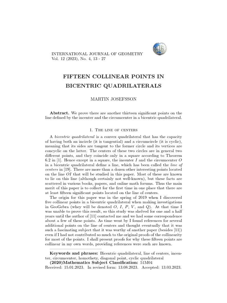 Fifteen Collinear Points in Bicentric Quadrilaterals: Martin Josefsson | PDF